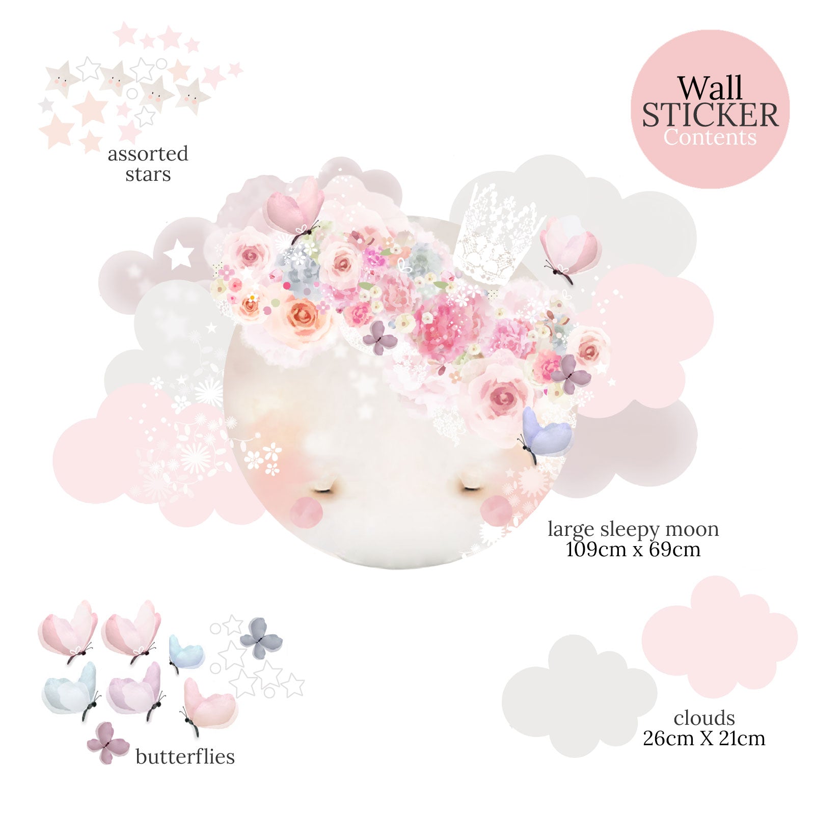 Sleepy Moon Wall Sticker - Pinks I Schmooks | Nursery, bedroom wall art
